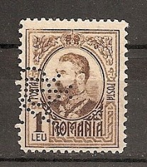 SD Romania 1908 LP66- Carol I gravate, 1 Leu brun, PERFIN "BCR ...