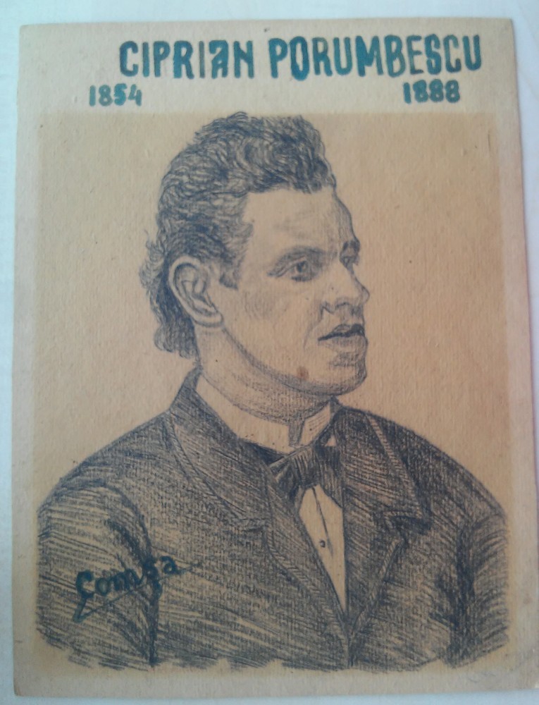 Portret in creion Ciprian Porumbescu autor fiul lui Petru Comsa din Saliste | arhiva Okazii.ro