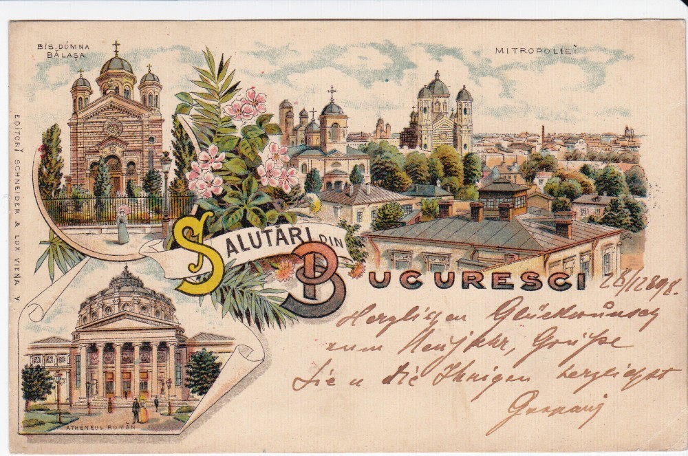 CARTE POSTALA BUCURESTI LITHO 1898 , ATENEUL,BISERICA DOAMNA BALASA ...