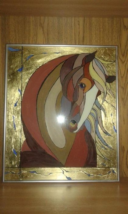 Tablou Cal - pictura pe sticla cu foita aur | arhiva Okazii.ro