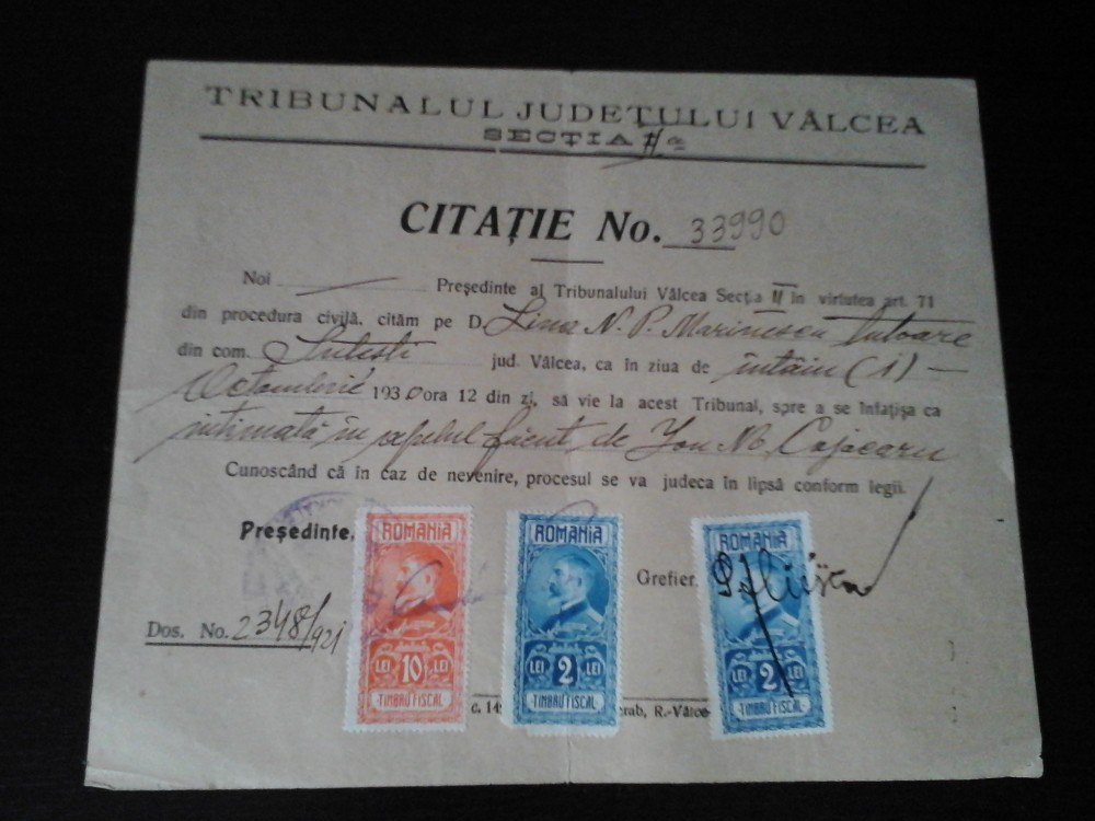 Document vechi - Citatie No. 33990/1930 - Tribunal Valcea - 3 tibre ...