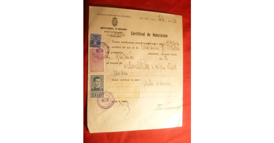Certificat de Notorietate emis de Sectorul II Negru 1941 ,timbru fiscal ...