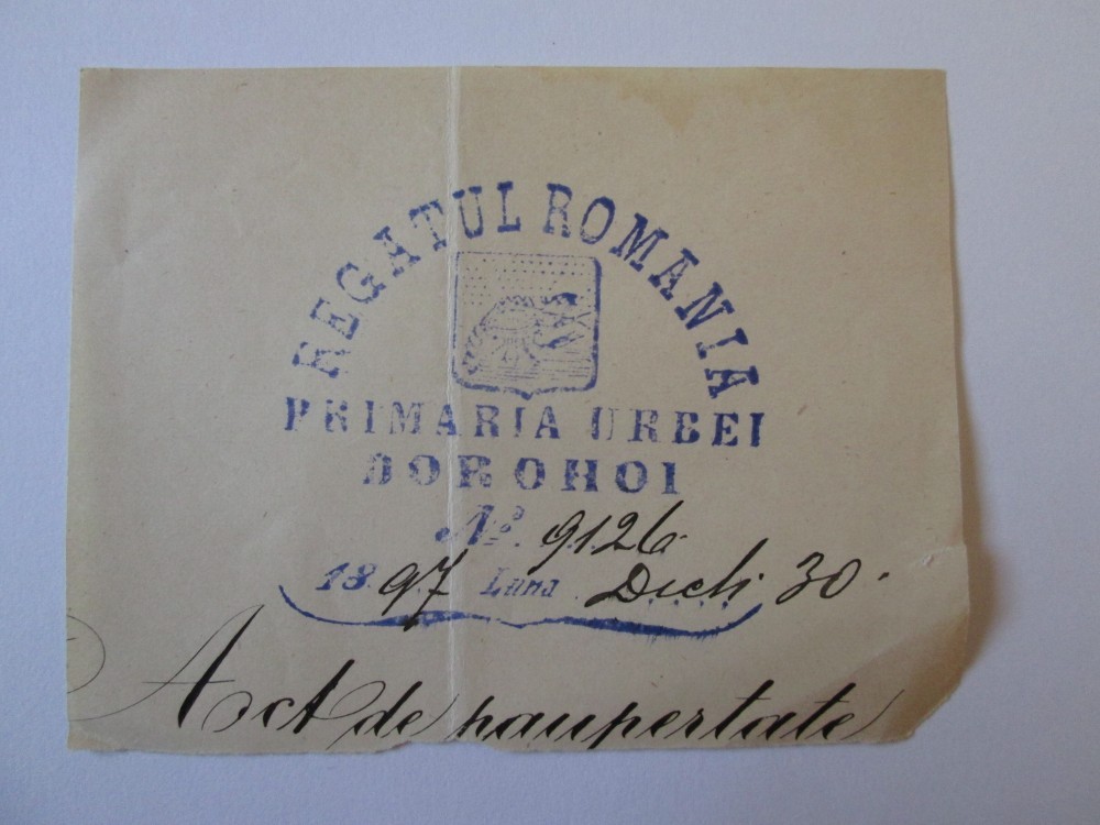 Stampila pe o bucatica de document cu Primaria urbei Dorohoi 1897 ...