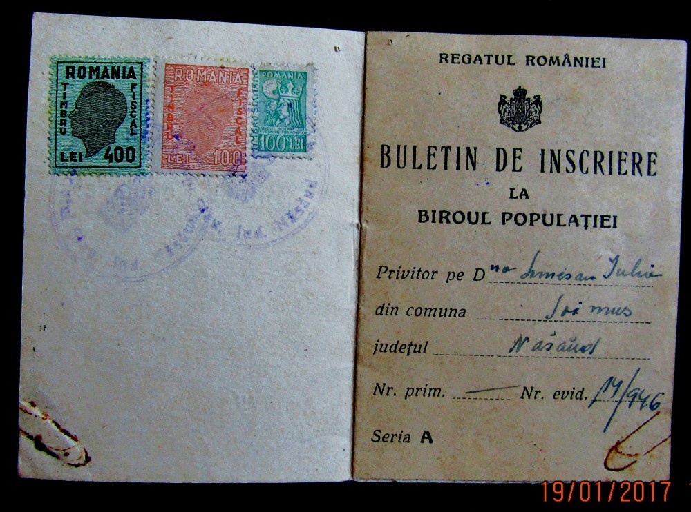 DOCUMENT DE IDENTITATE 1946 (Buletin de inscriere la biroul populatiei ...