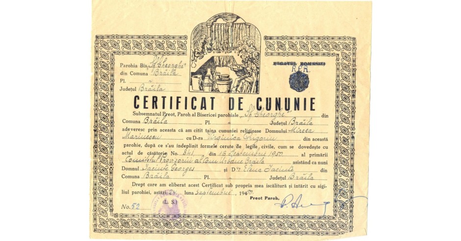 Z39 DOCUMENT VECHI -CERTIFICAT DE CUNUNIE-MIRCEA MARINESCU -1950 -RPR ...