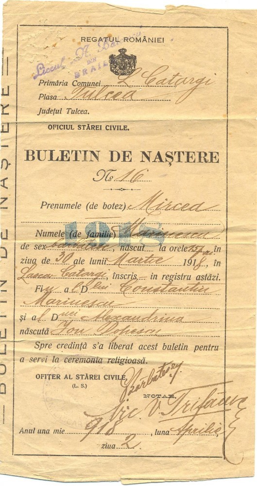 Z40 DOCUMENT VECHI -BULETIN DE NASTERE MIRCEA MARINESCU -L.CATARGI ...