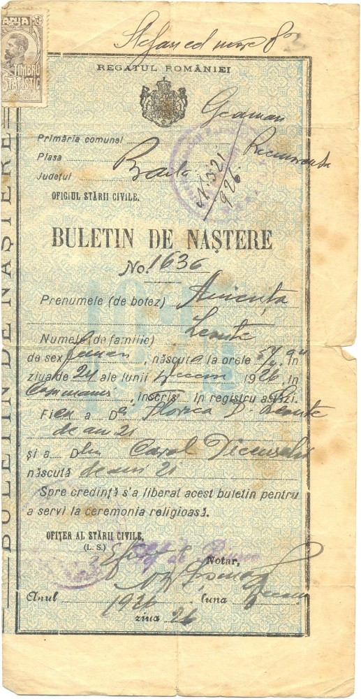 Z18 DOCUMENT VECHI -REGATUL ROMANIEI -BULETIN DE NASTERE ANICUTA LEONTE ...