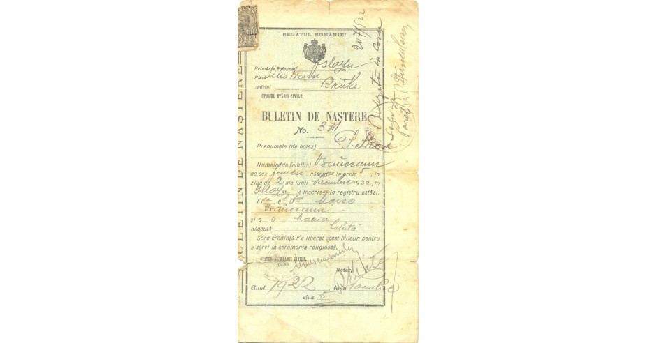 Z34 DOCUMENT VECHI-REGATUL ROMANIEI-BULETIN DE NASTERE PETRICA ...