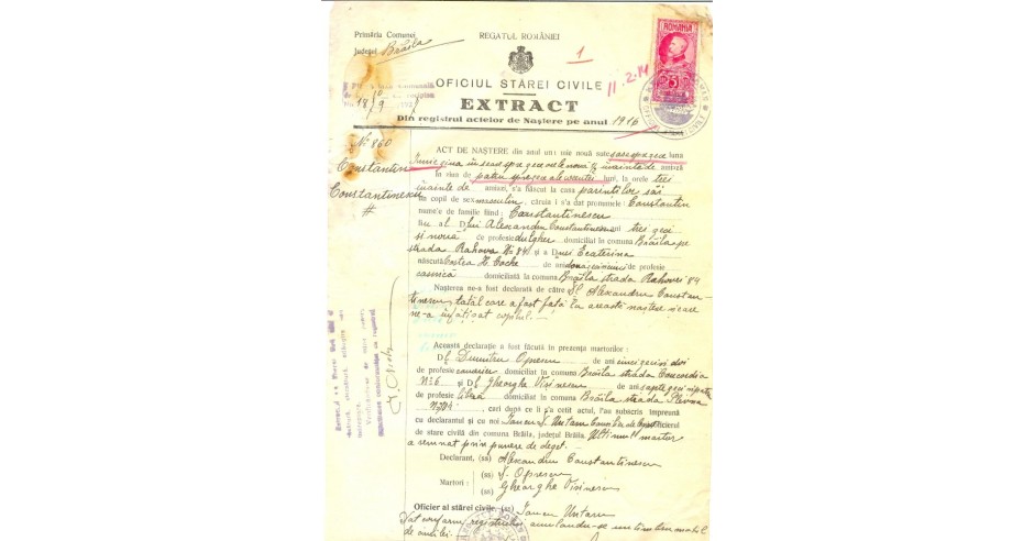 Z185 DOCUMENT VECHI- EXTRACT DIN REGISTRUL ACTELOR DE NASTERE ANUL 1916 ...