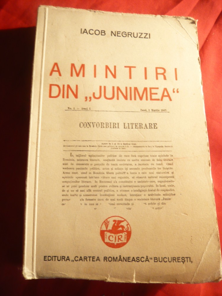 Iacob Negruzzi - Amintiri de la Junimea - Ed. Cartea Romaneasca 1939 ...