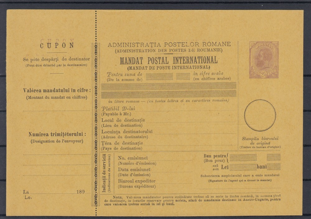 SPIC DE GRAU 1893 - MANDAT POSTAL INTERNATIONAL CU NOMINAL 25 BANI ...