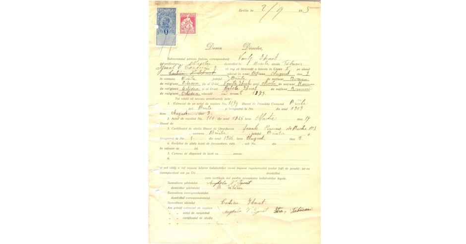 Z280 DOCUMENT VECHI -SCOALA COMERCIALA , BRAILA - VASILE IGNAT -AN 1925 ...