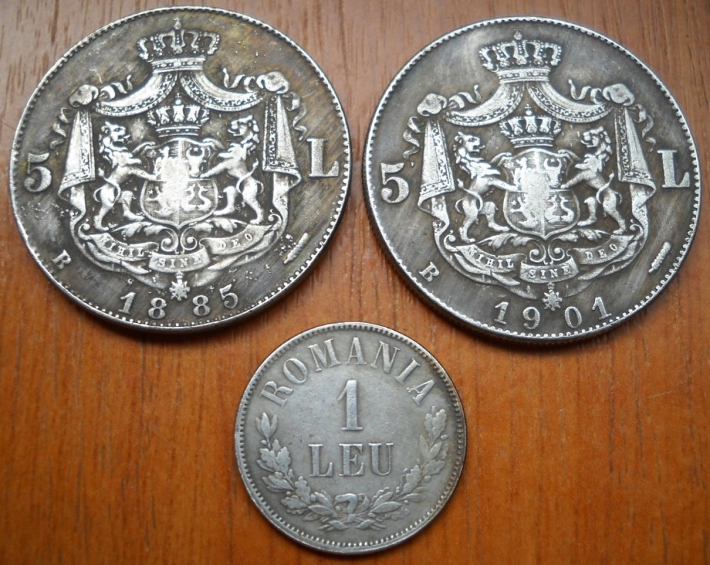Lot trei monede rare , 1 leu 1876, 5 lei 1885, 5 lei 1901. FALSURI ...