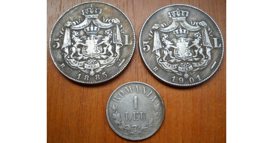 Lot trei monede rare , 1 leu 1876, 5 lei 1885, 5 lei 1901. FALSURI ...