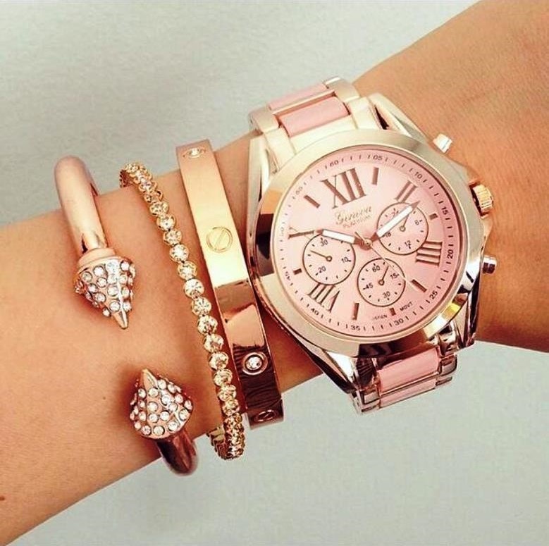 NOU Ceas de dama roz metalic auriu elegant curea bratara metalica ...