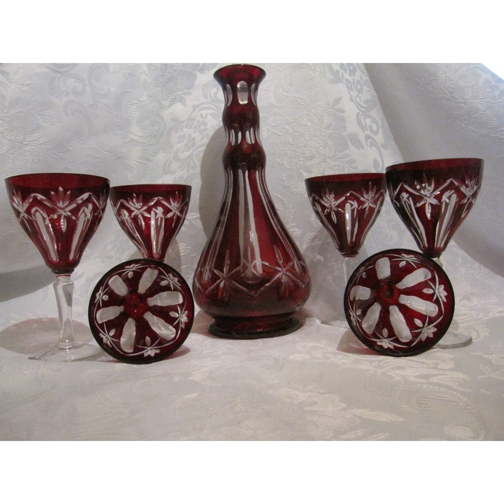 SET CRISTAL COLORAT - RUBIN STICLA SI PAHARE PENTRU VIN | arhiva Okazii.ro