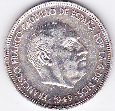 Spania 5 PESETAS 1949 generalul Franco moneda uriasa 32 mm, Europa ...
