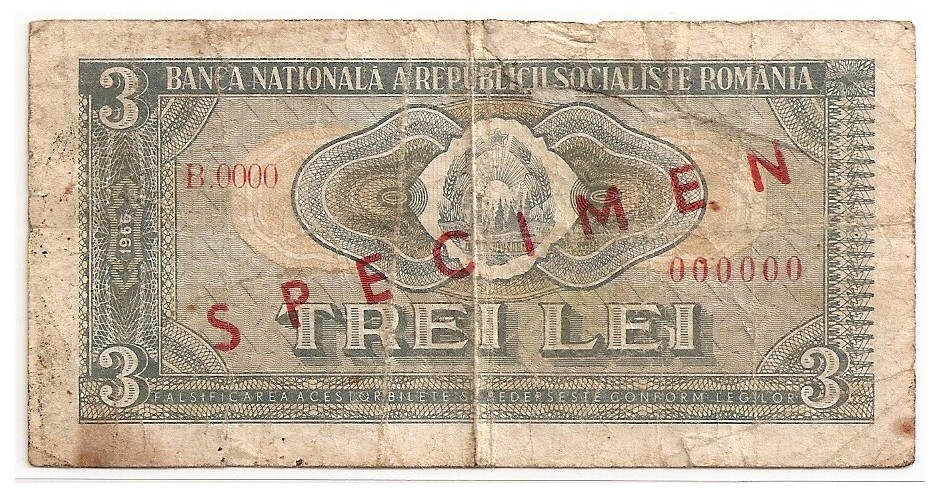 ROMANIA RSR 3 LEI 1966 U SPECIMEN | arhiva Okazii.ro