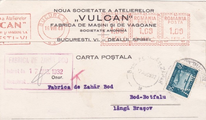 PERFIN,BUCURESTI,FABRICA DE VAGOANE VULCAN,1932 ROMANIA. | Okazii.ro
