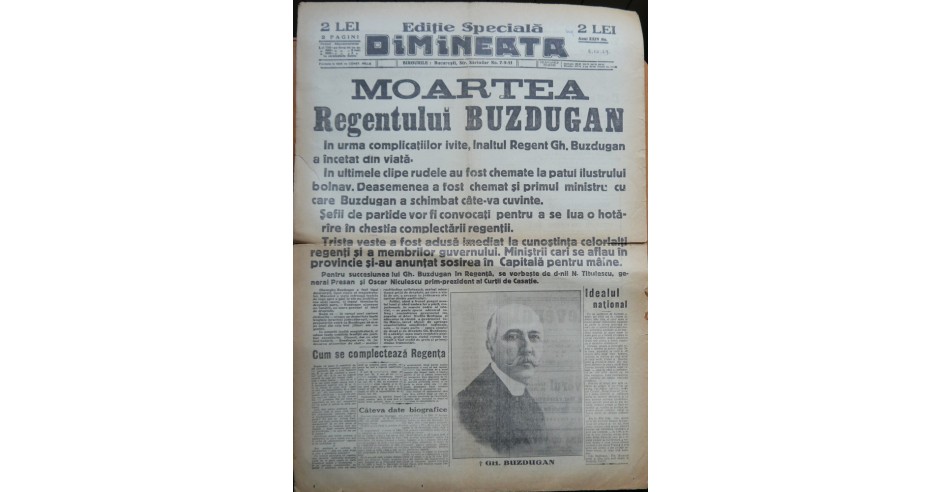 Ziarul Dimineata, editie speciala, 8 Oct. 1929, Moartea Regentului ...