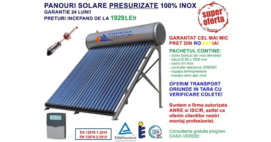 Panou solar presurizat, 180 litri, 18 tuburi, 100% INOX, cel mai mic ...