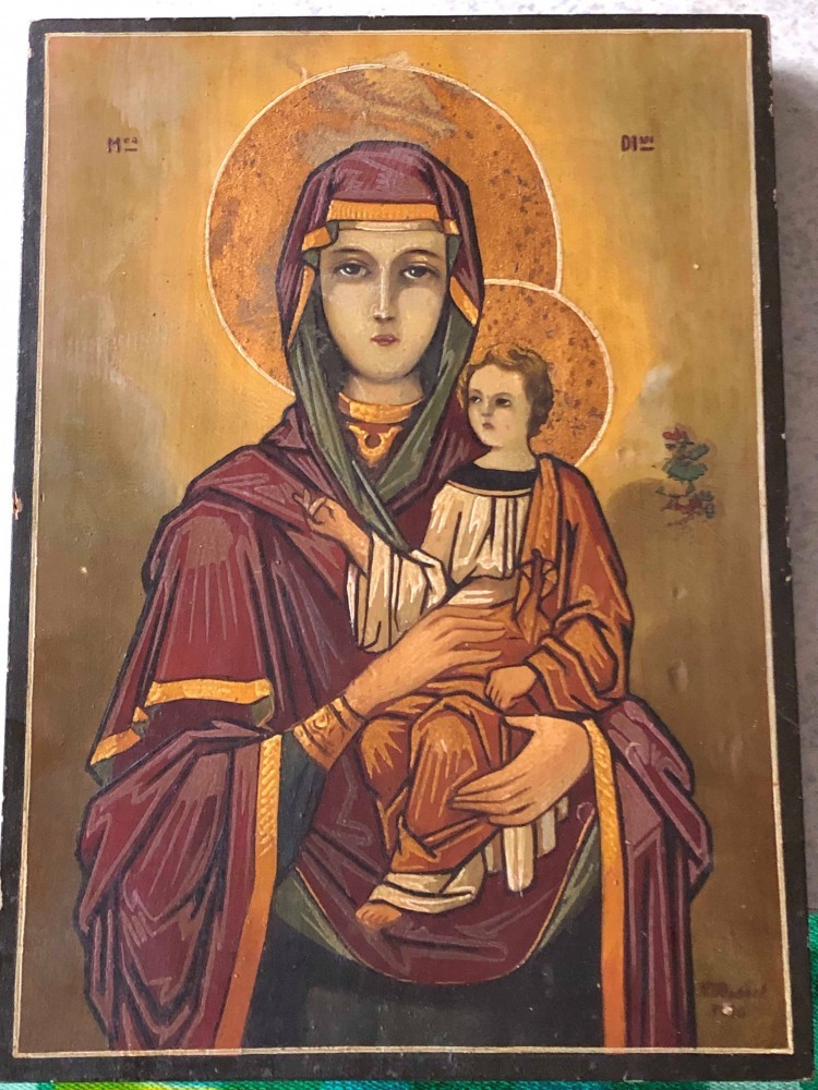 ICOANA VECHE LEMN PICTAT - SEMNATA - Maica domnului cu Pruncul Isus ...