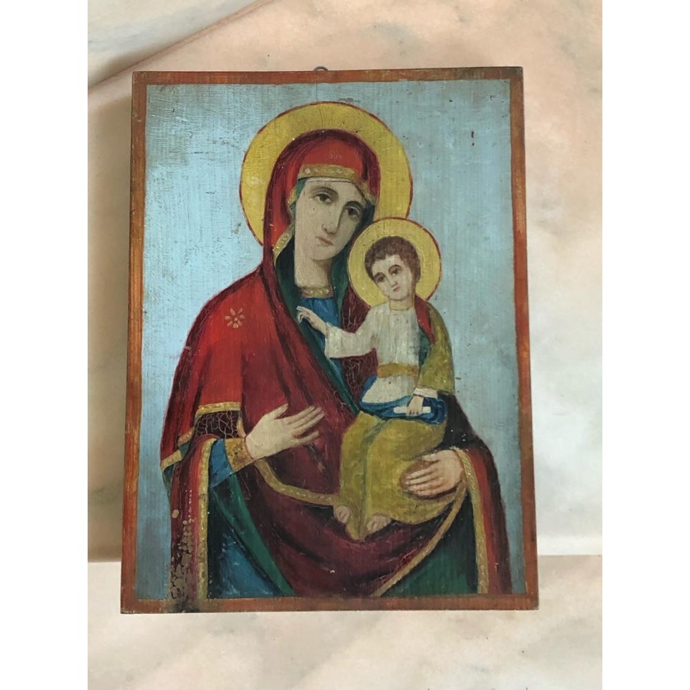 ICOANA VECHE LEMN PICTAT - Maica domnului cu Pruncul Isus | Okazii.ro
