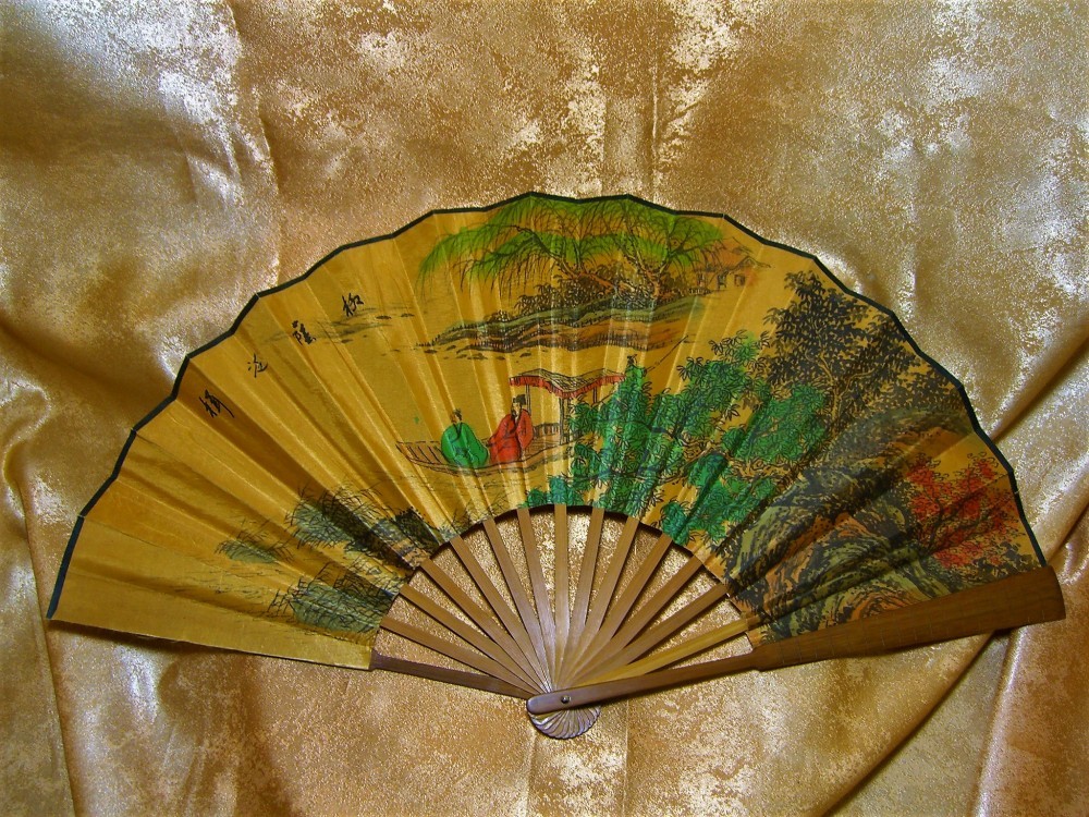 Evantai decorativ bambus, matase, pictat manual, China, cadou, vintage ...