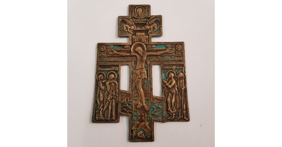 CRUCIFIX-CRUCE DIN BRONZ RUSEASCA DECORATA CU EMAIL -RUSIA-SECOL 19 ...