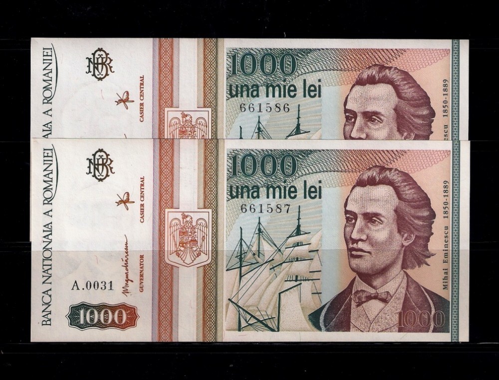 LOT 2 BANCNOTE 1000 LEI, ANUL 1993, NECIRCULATE, SERII CONSECUTIVE ...