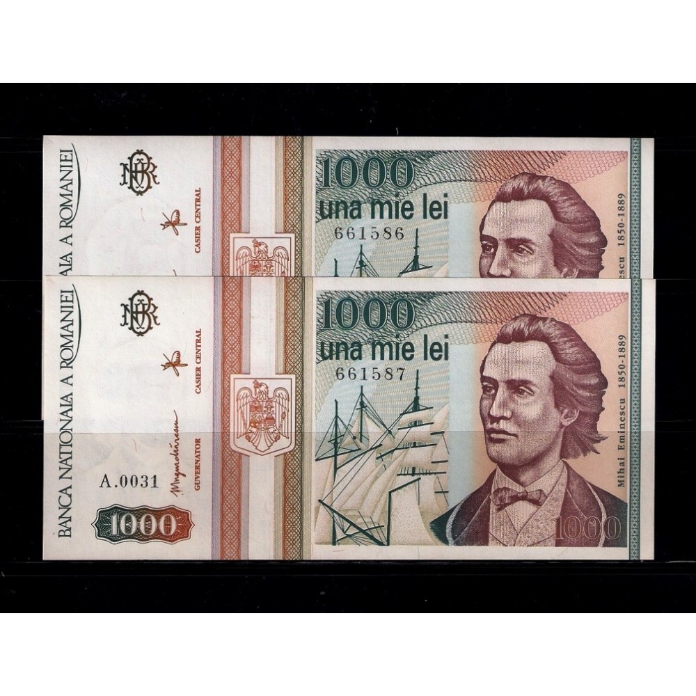 LOT 2 BANCNOTE 1000 LEI, ANUL 1993, NECIRCULATE, SERII CONSECUTIVE ...