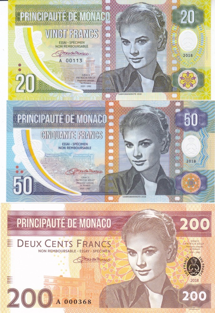Bancnota Monaco 20, 50 si 200 Franci 2018 - probe pe hartie/ polimer ...