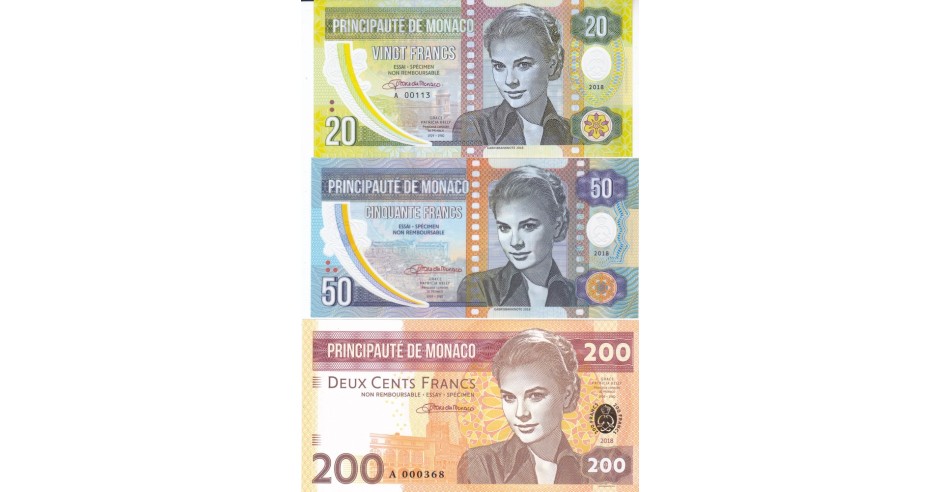 Bancnota Monaco 20, 50 si 200 Franci 2018 - probe pe hartie/ polimer ...