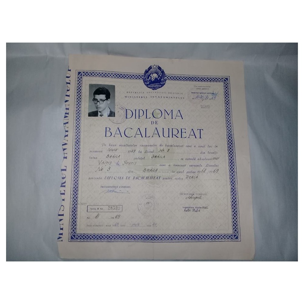 Diploma veche cartonata cu fotografie 1969,DIPLOMA DE BACALAUREAT ...
