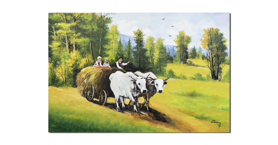 Tablou gigant pictat manual, Car cu boi, 120x80cm ulei pe panza, reproducere Nicolae Grigorescu ...