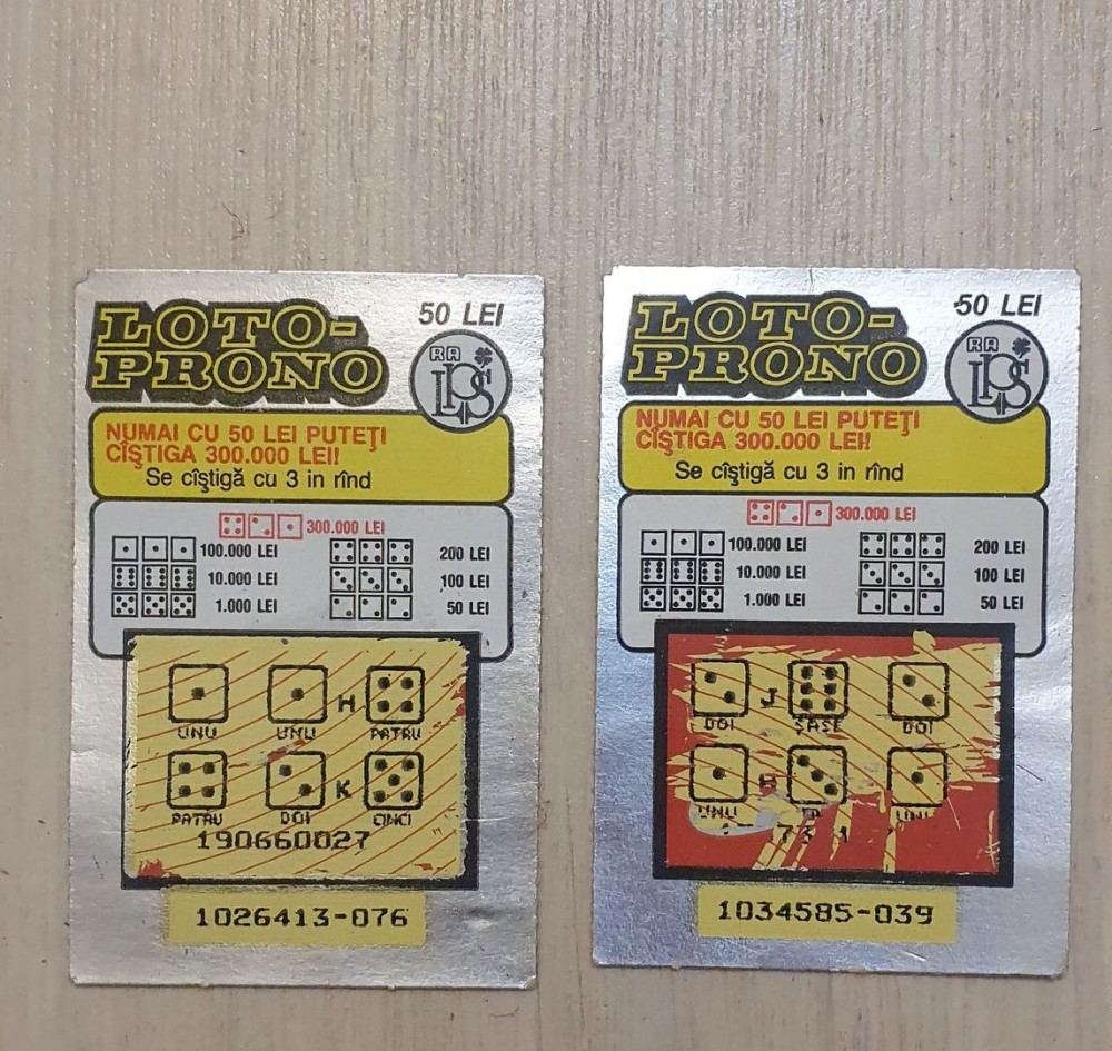Doua lozuri razuibile vechi Loto Prono, 50 lei fiecare, anii 90 | Okazii.ro