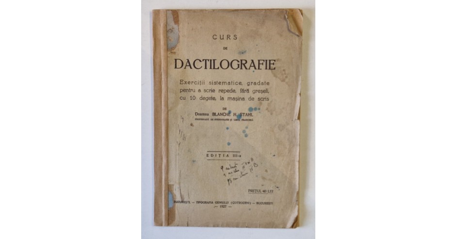 CURS DE DACTILOGRAFIE de DOAMNA BLANCHE H. STAHL, 1927 , COPERTA SPATE ...