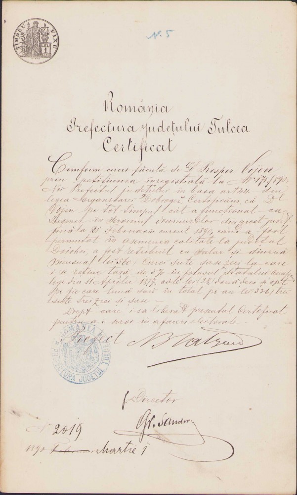 S334 Semnatura olografa prefect Tulcea Bratu 1890 certificat inginer ...