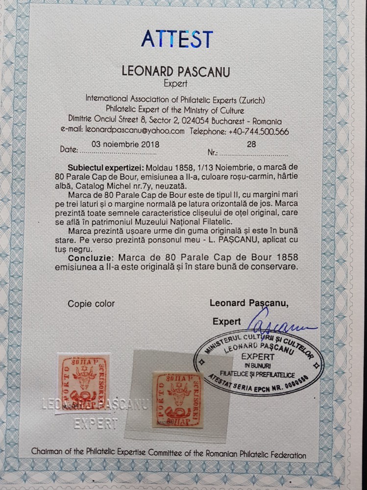 Moldova 1858 , Cap de Bour 80 par. tip II. Em. a II a ,cu certificat ...