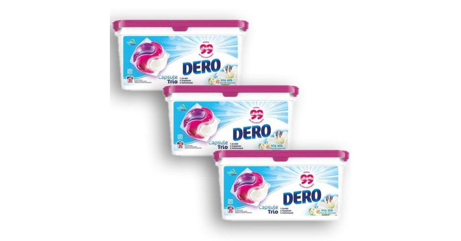 Detergent capsule Dero Trio, Iris Alb si Flori de Romanita, 105 spalari ...