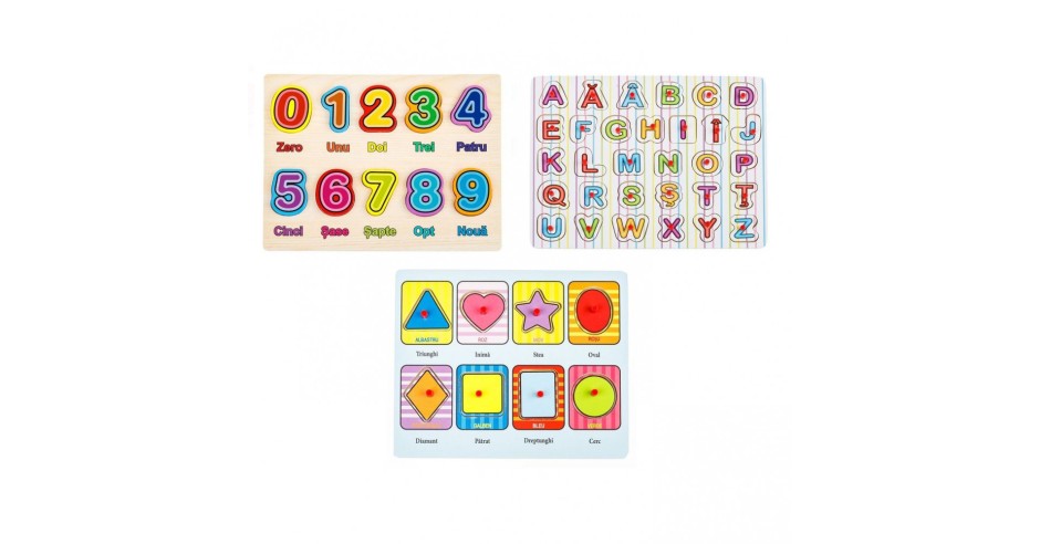3 x Puzzle Din Lemn Montessori Cifre Alfabetul Forme Culori Si Cuvinte ...