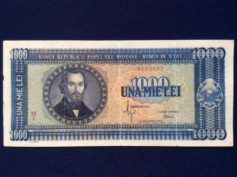 Bancnote Romania - 1000 lei 1950 - seria M 0104697 (starea care se vede ...