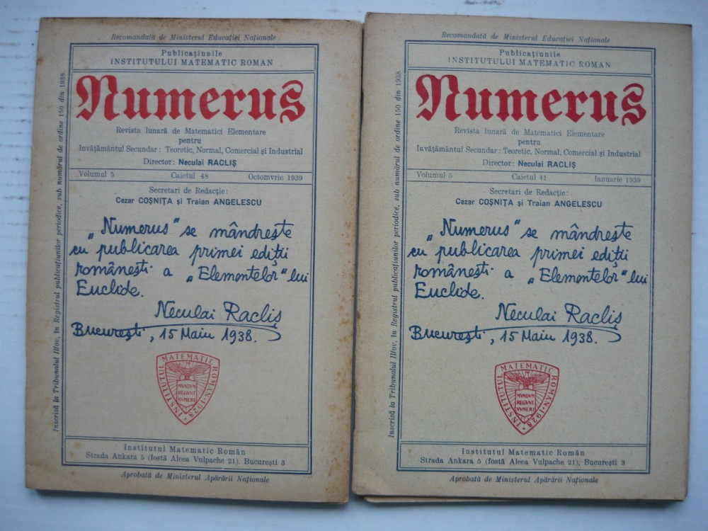 NUMERUS - REVISTA LUNARA DE MATEMATICI ELEMENTARE - 6 NUMERE - 1939 ...