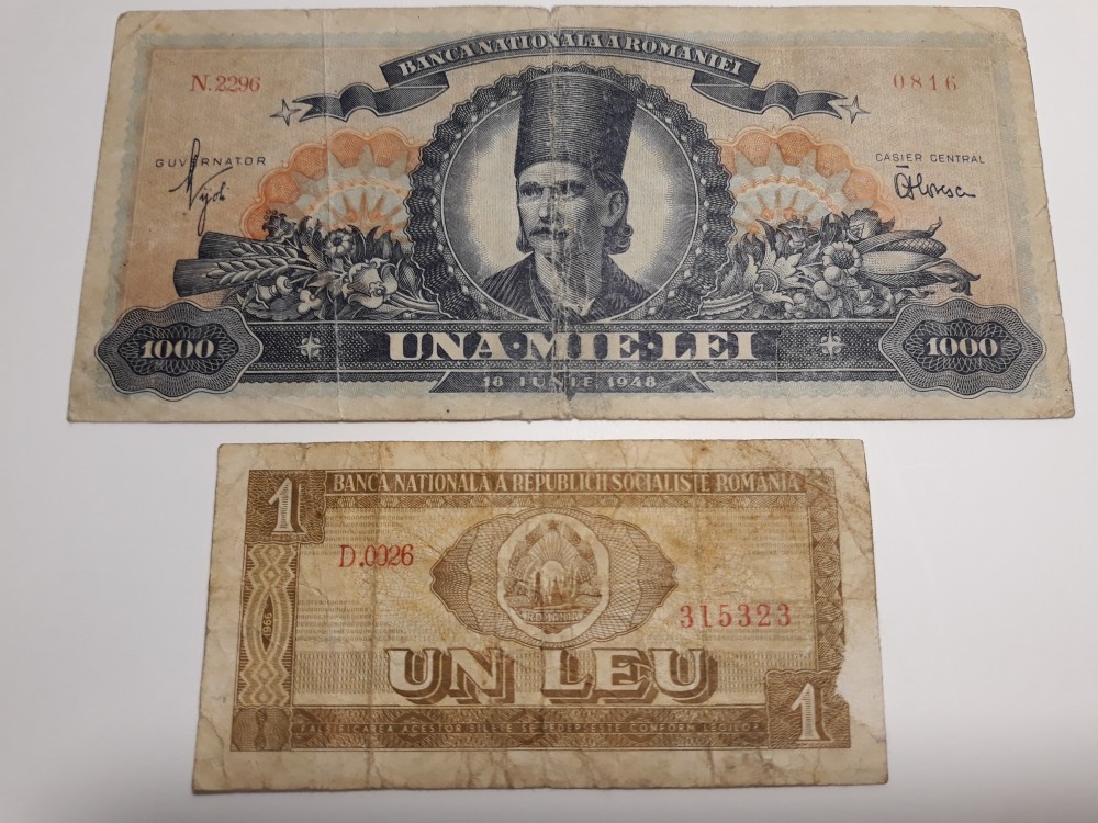 BANCNOTE ROMANIA - 1000 LEI 1948 - 1 LEU 1966 - LOT DE 2 BUCATI ...