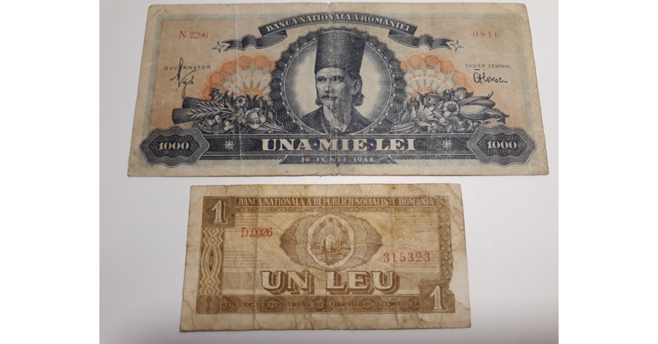 BANCNOTE ROMANIA - 1000 LEI 1948 - 1 LEU 1966 - LOT DE 2 BUCATI ...