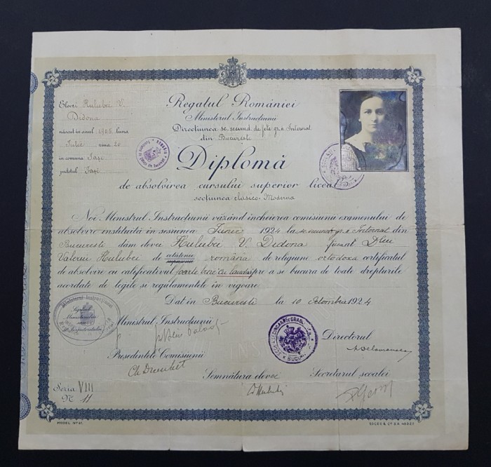Diploma 1924 Scoala de fete din Bucuresti | Okazii.ro