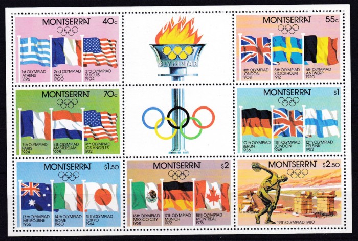 DB1 Montserrat Olimpiade Drapele Tari Organizatoare 1896 - 1980 MS MNH ...