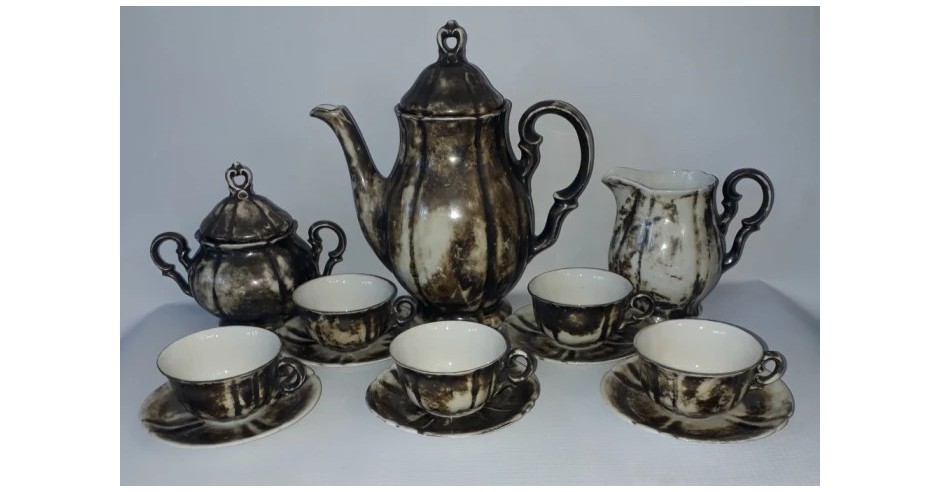 SERVICIU VINTAGE GERMAN PENTRU CAFEA, PORTELAN ARGINTAT MARCAT ...