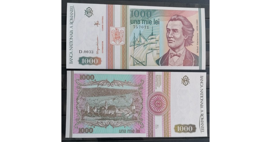 Romania, bancnota 1000 lei 1993, Mihai Eminescu, necirculata | arhiva ...