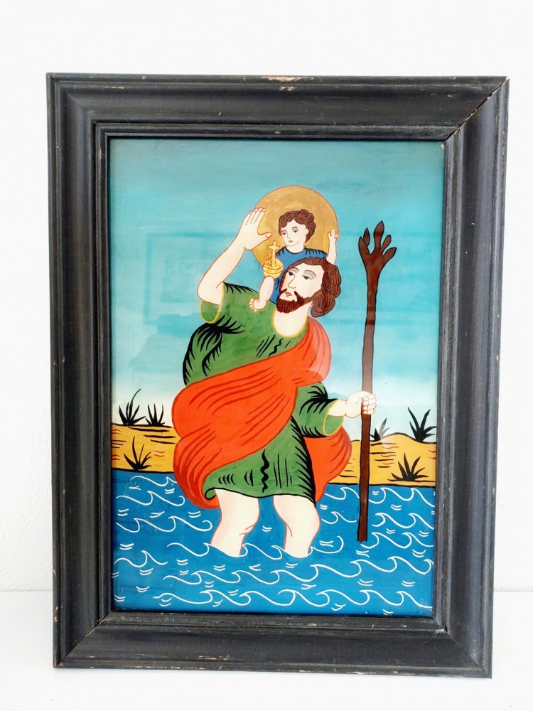 Icoana pe sticla, Sf. Ioan Botezatorul cu Iisus copil, veche, rama lemn ...